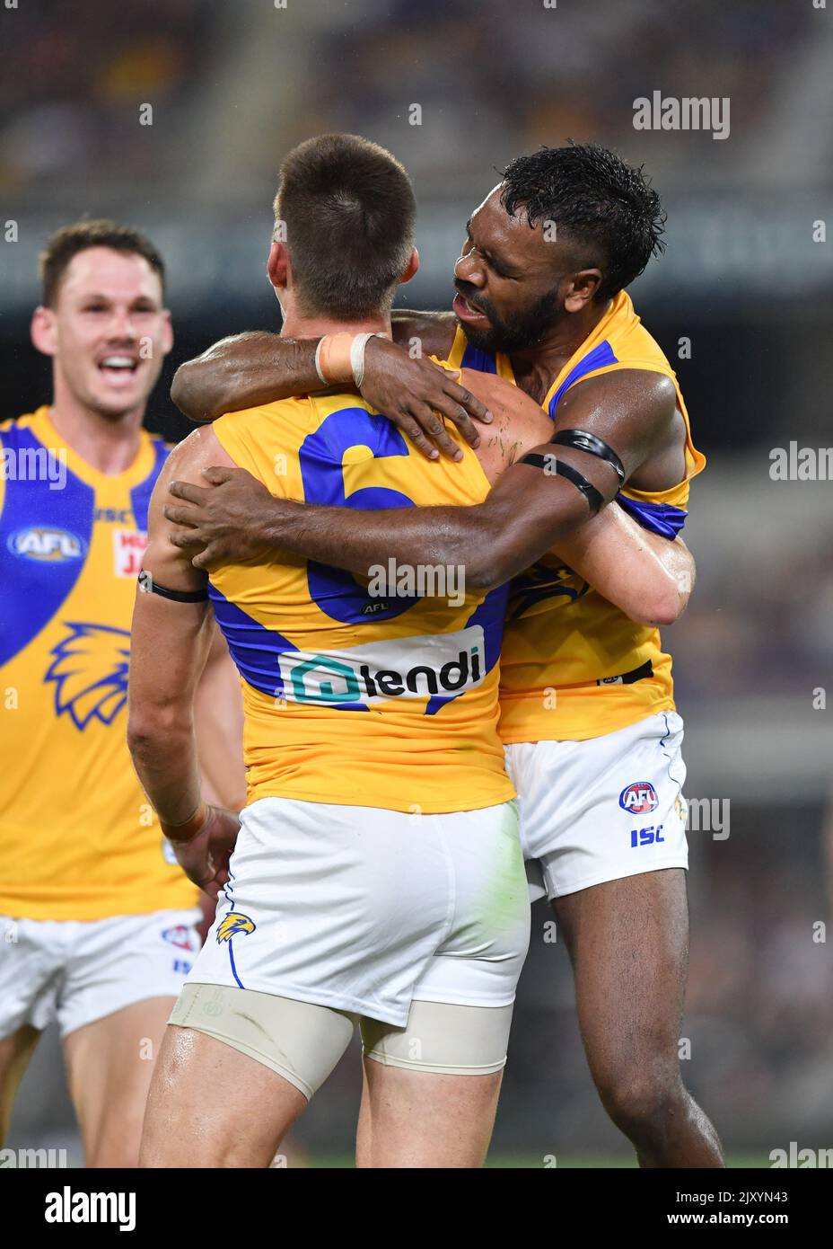 Elliot Yeo (centre) of the Eagles celebrates kicking a goal with Liam ...