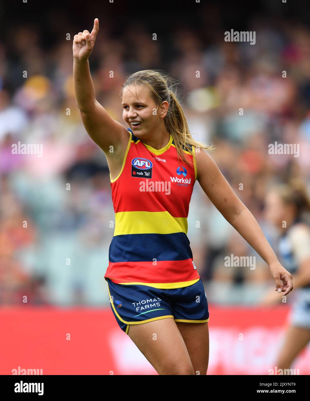 Danielle Ponter of the Adelaide Crows celebrates a goal during the AFLW ...