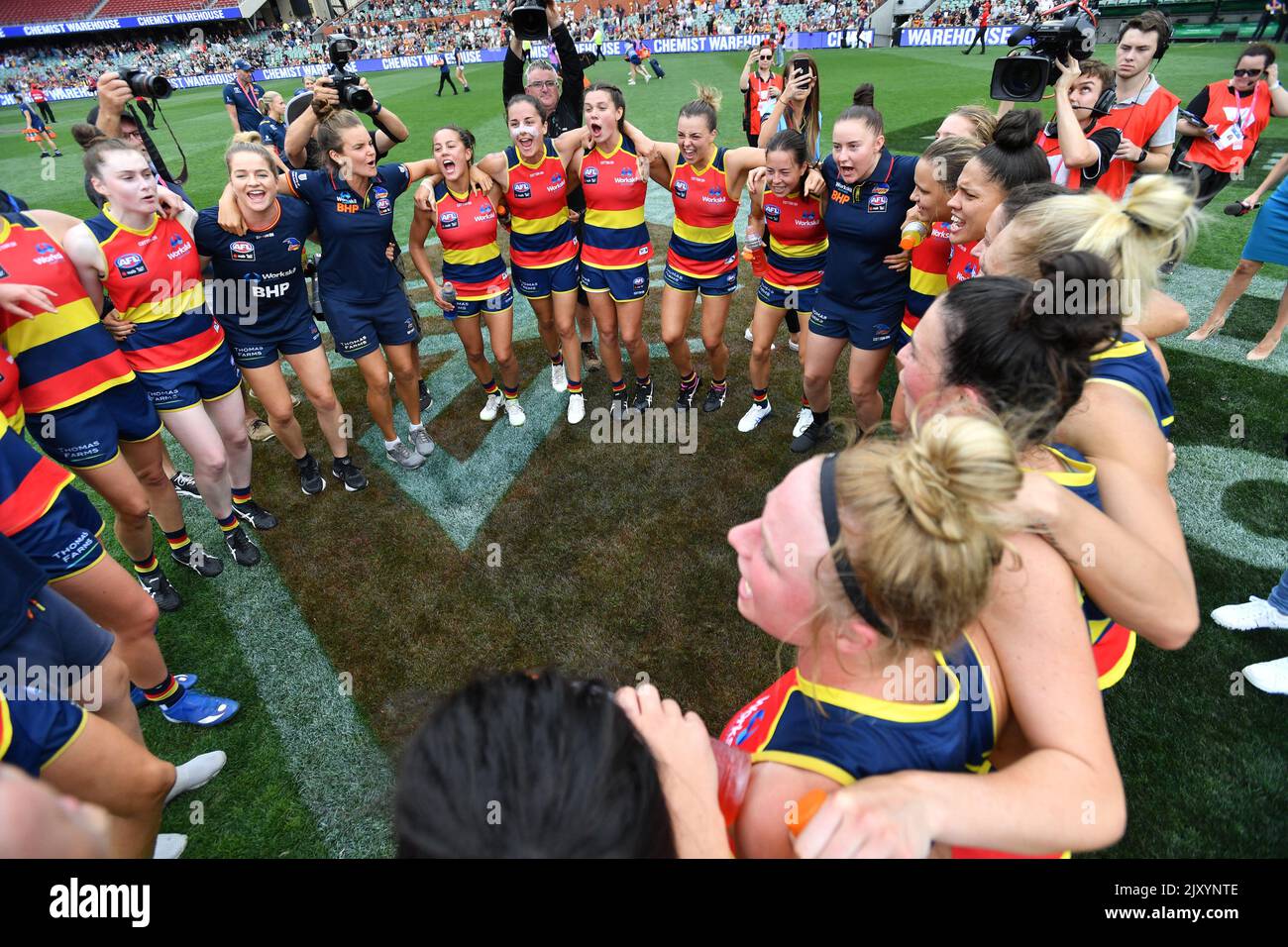 Crows players celebrate after the AFLW Preliminary Final match between ...