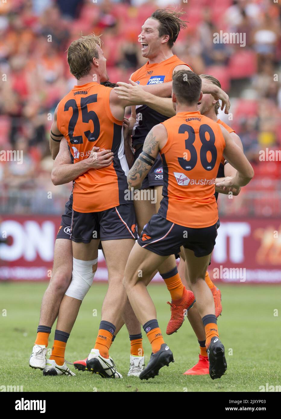 Lachlan Keeffe of the Giants kicks a goal during the Round 1 AFL match ...