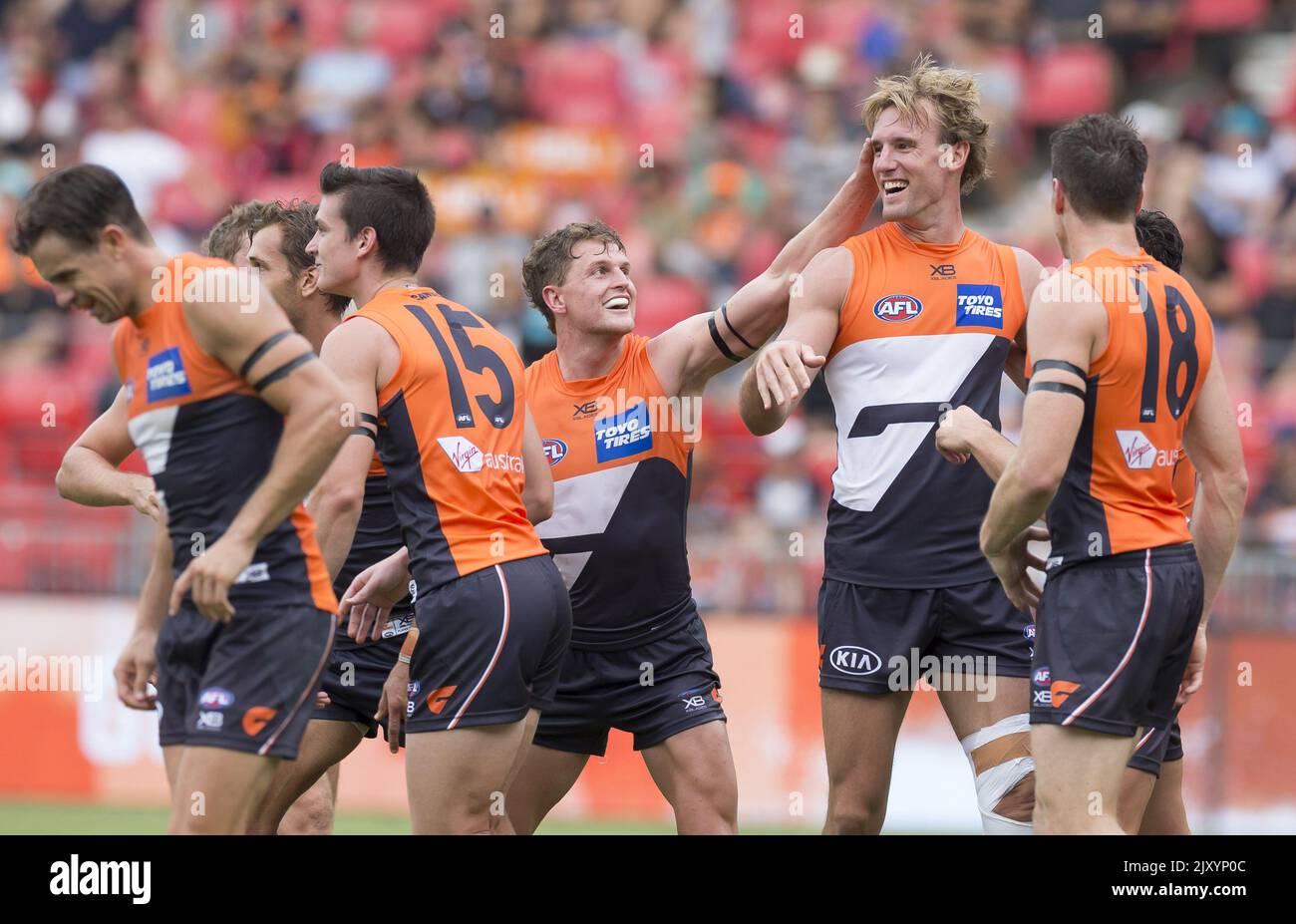 Lachlan Keeffe of the Giants kicks a goal during the Round 1 AFL match ...