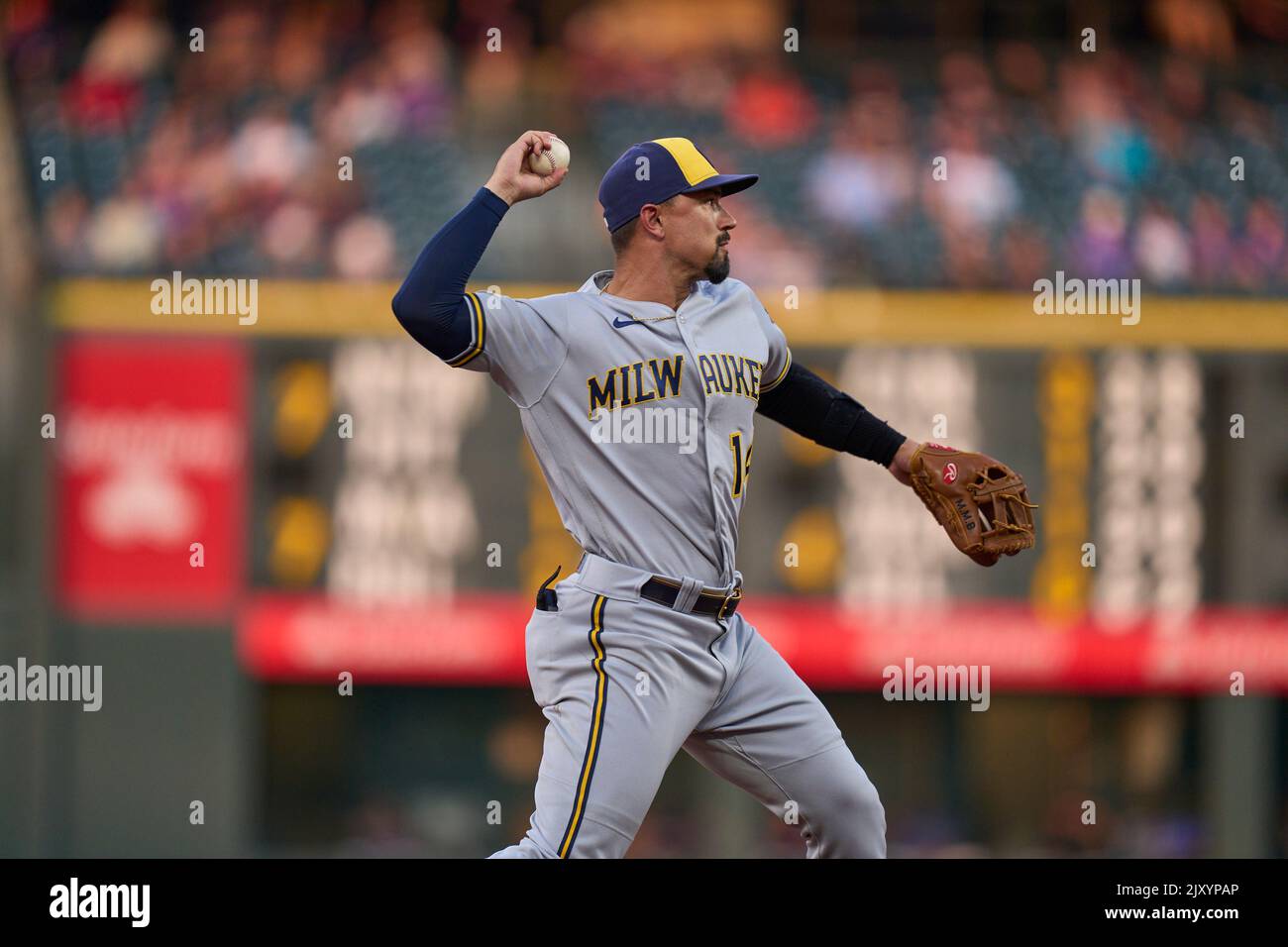 Denver CO, USA. 6th Sep, 2022. Milwaukee third baseman Jace Peterson ...