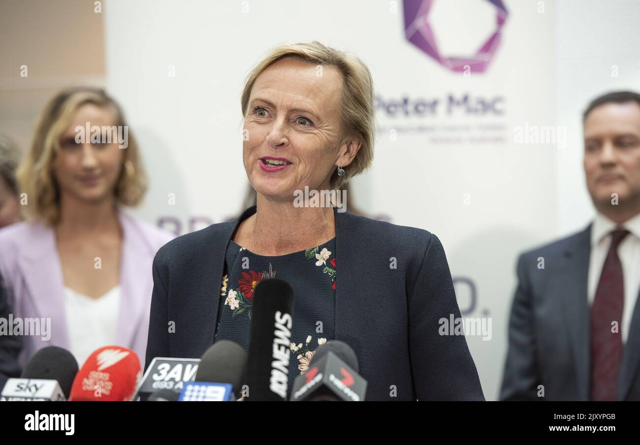 Liberal candidate for Higgins Katie Allen speaks to the media during a ...