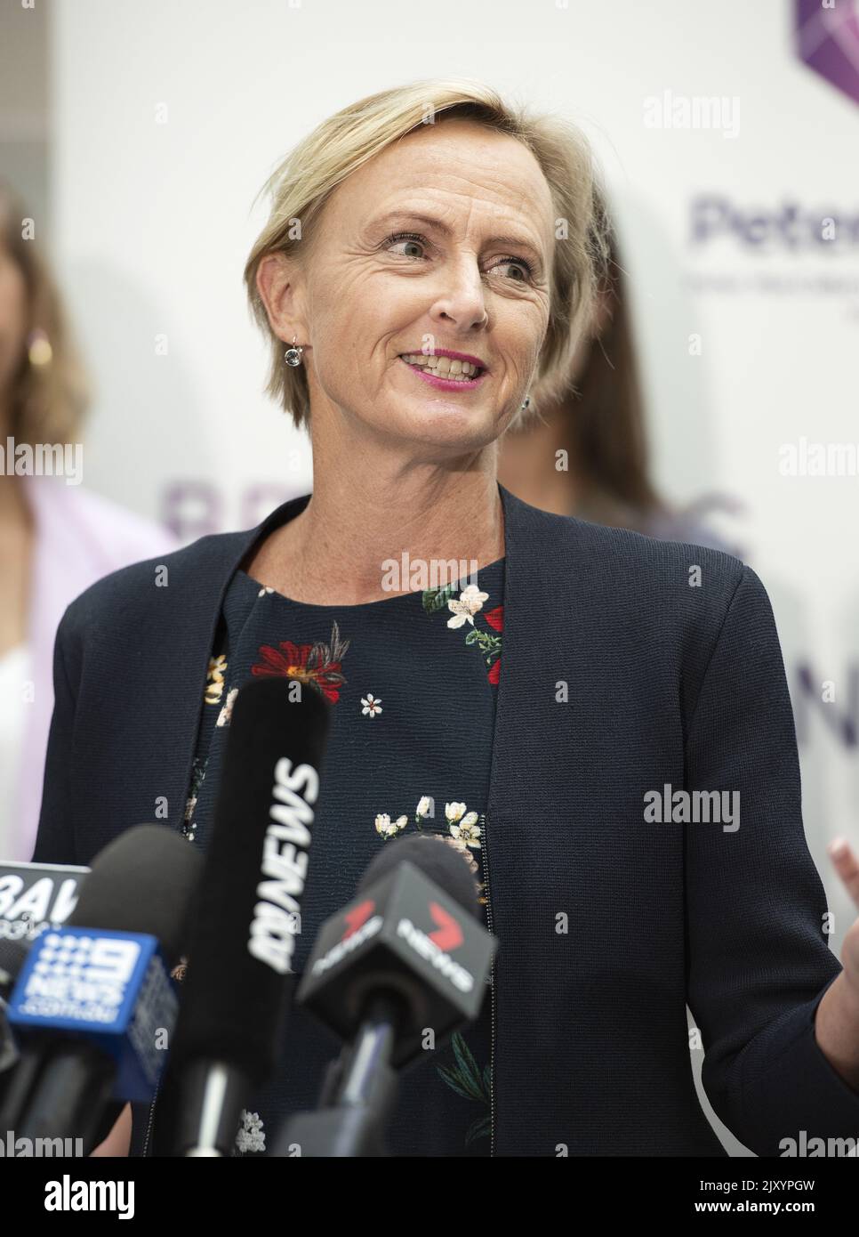 Liberal candidate for Higgins Katie Allen speaks to the media during a ...