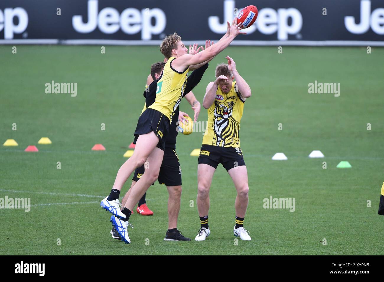 Tom Lynch (left) of the Richmond Tigers takes a mark over team mate ...
