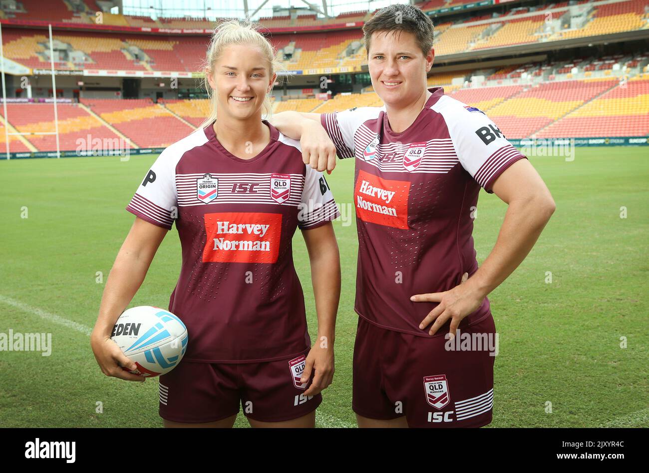 Maroons players Meg Ward and Heather Ballinger pose for a photo at a ...