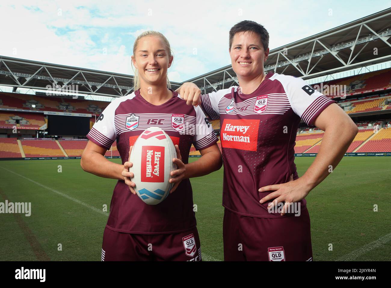Maroons players Meg Ward and Heather Ballinger pose for a photo at a ...