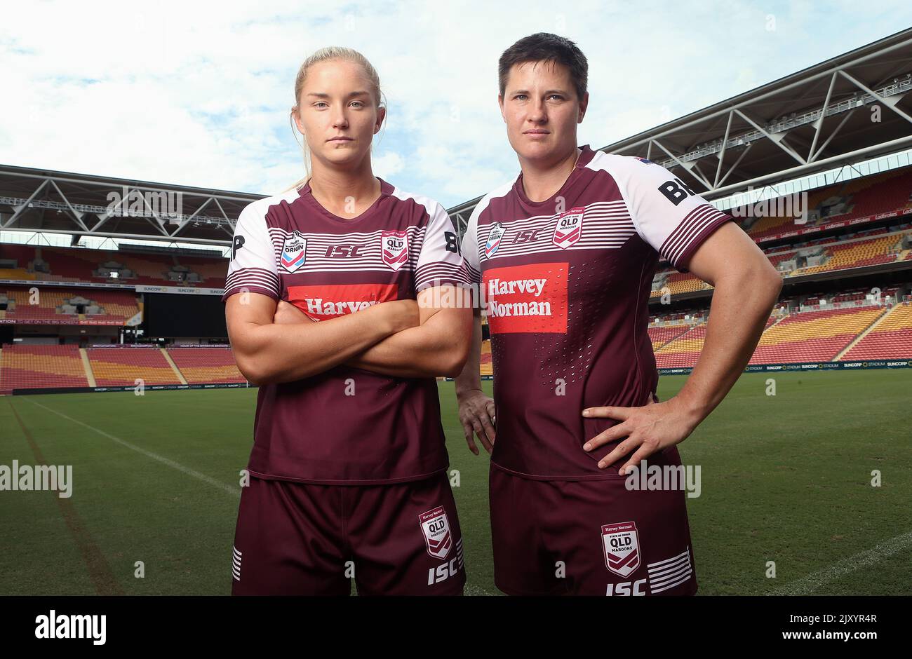 Maroons players Meg Ward and Heather Ballinger pose for a photo at a ...