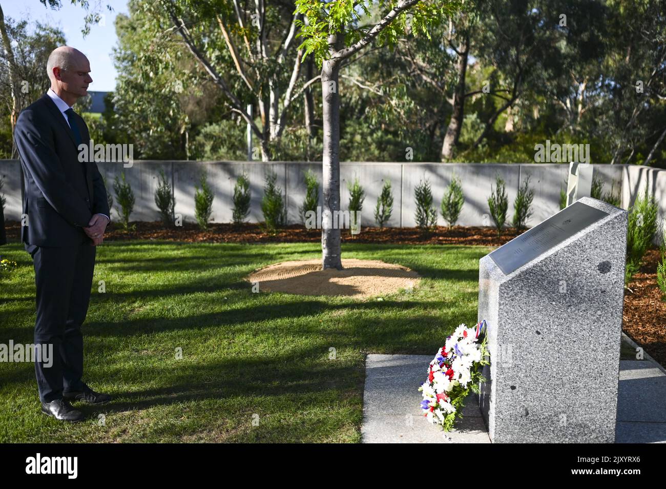 Dutch Minister of Foreign Affairs Stef Blok lays a wreath at the MH17 memorial plaque outside ...