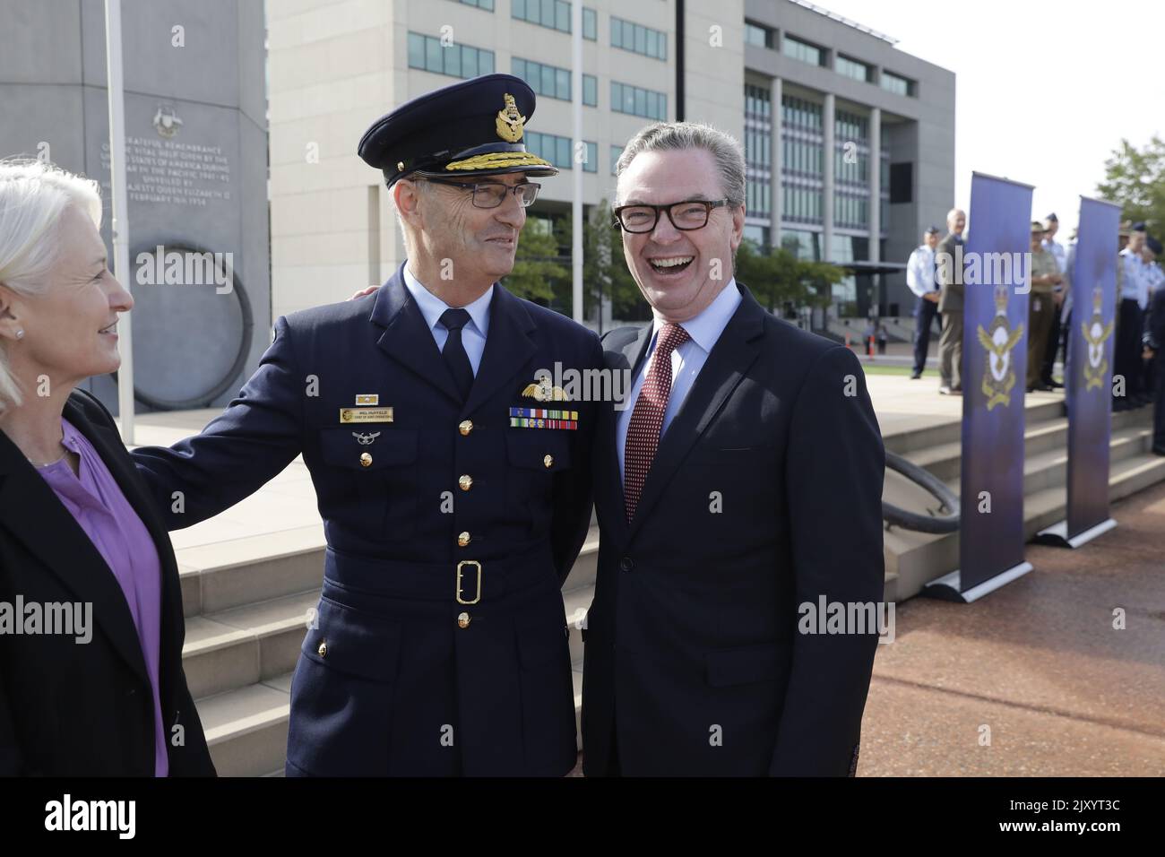 Minister for Defence Christopher Pyne (right) reacts with Air Marshal ...