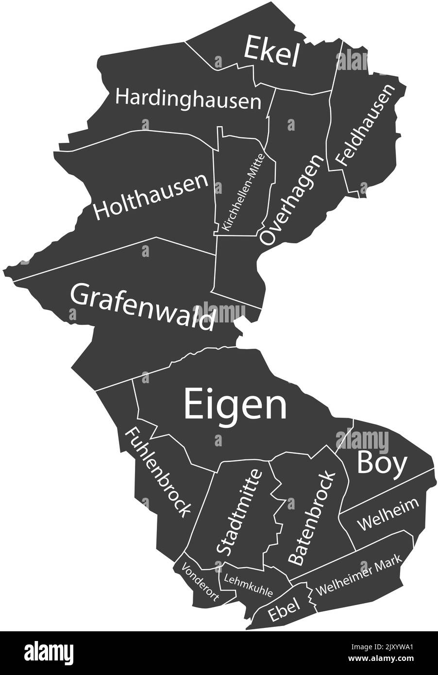 Dark gray tagged districts map of BOTTROP, GERMANY Stock Vector Image ...