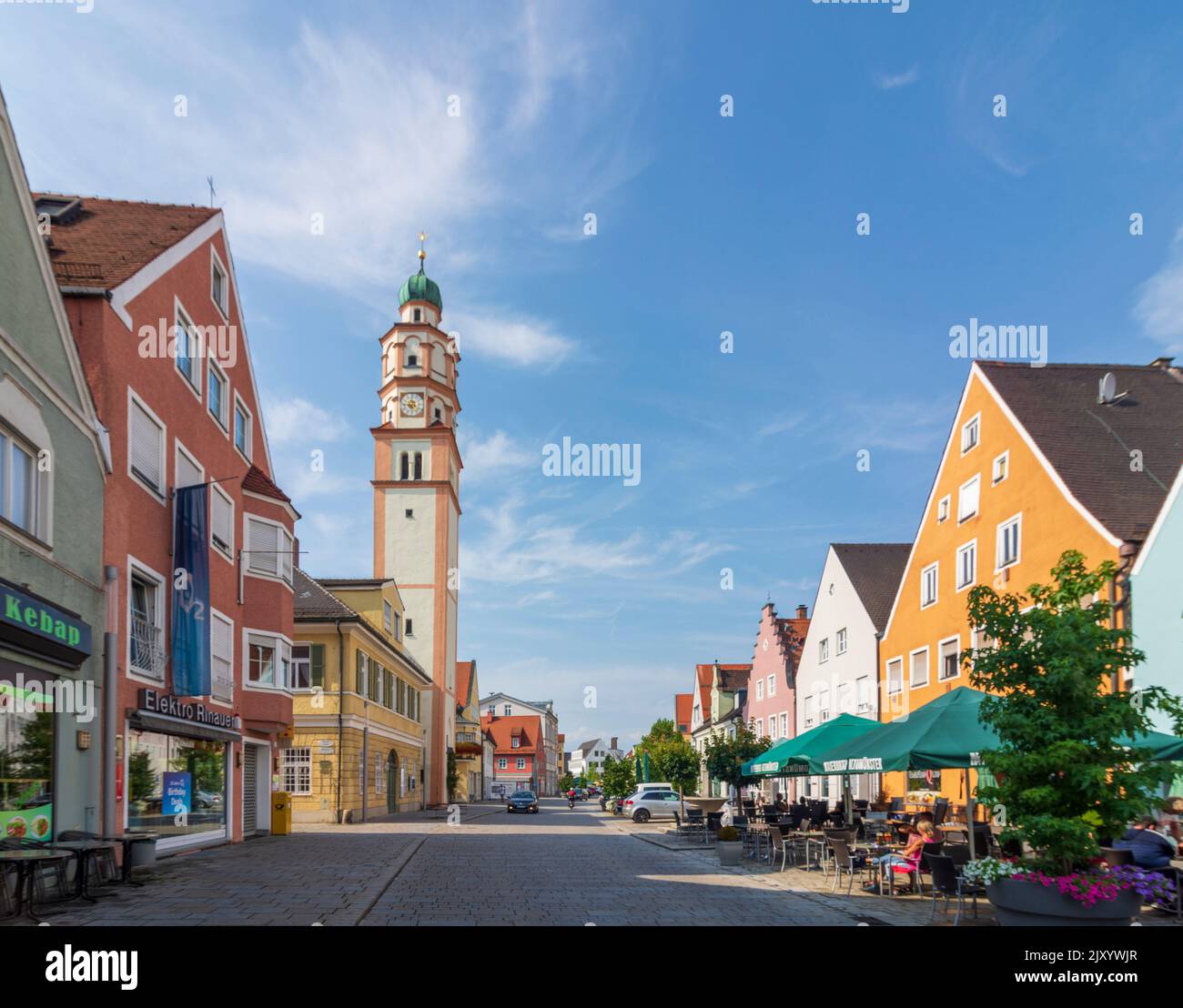 Schrobenhausen: church Frauenkirche, town center street Lenbachstraße ...