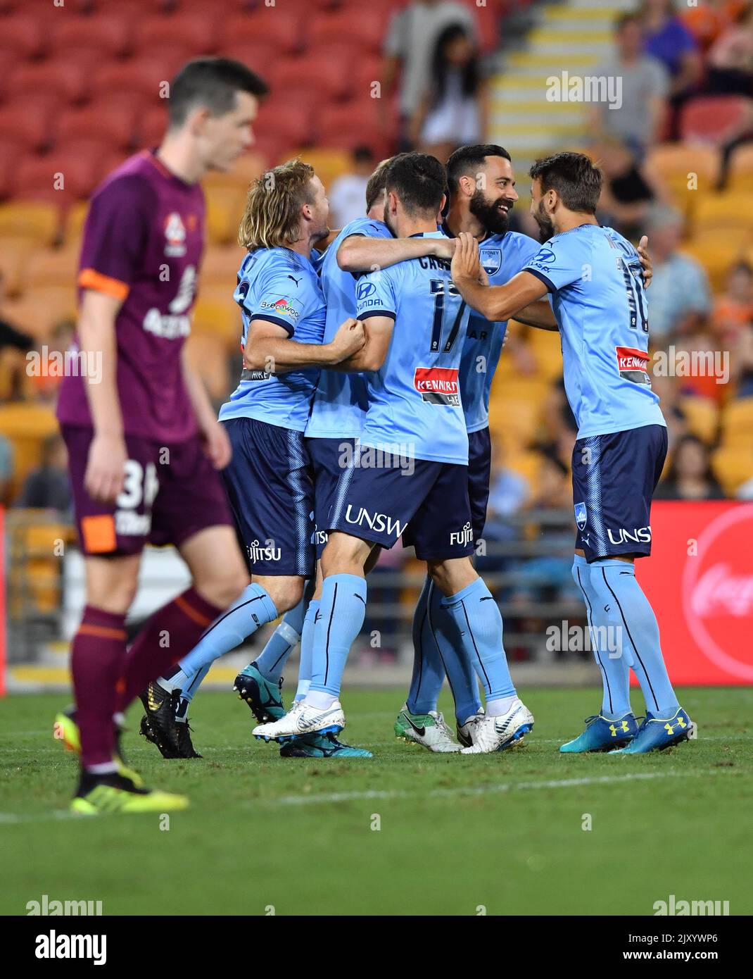 Aaron Calver (centre) of Sydney celebrates scoring a goal with team ...