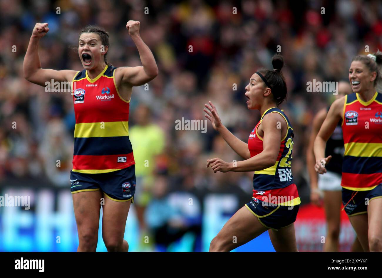 Anne Hatchard of the Crows celebrates the Crows first goal during the ...