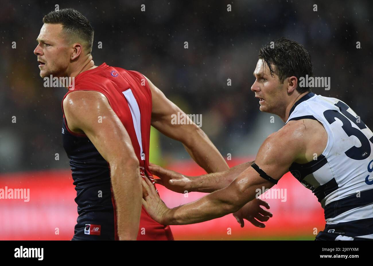 Steven May of the Demons (left) and Patrick Dangerfield of the Cats ...
