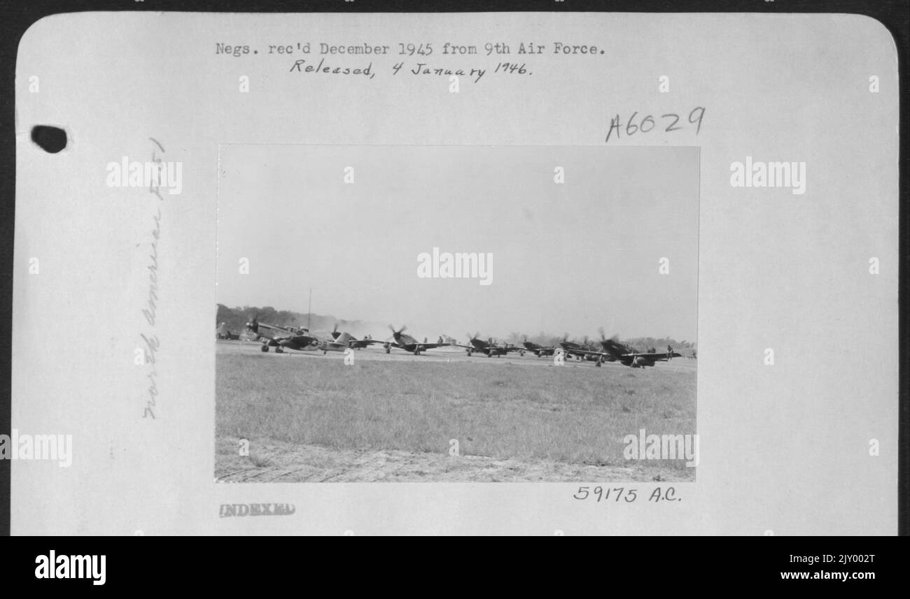 A Group Of North American P-51's Warming Up For Take-Off On Airfield In ...