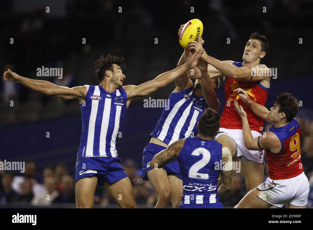 Oscar McInerney of the Lions marks the ball during the Round 2 AFL ...