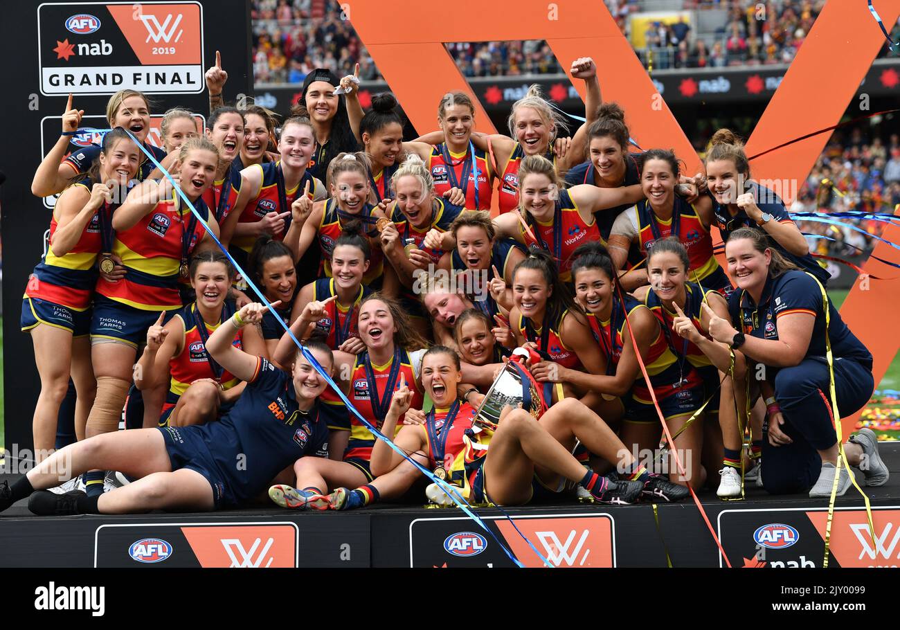 Crows players celebrate the win after the AFLW Grand Final match ...