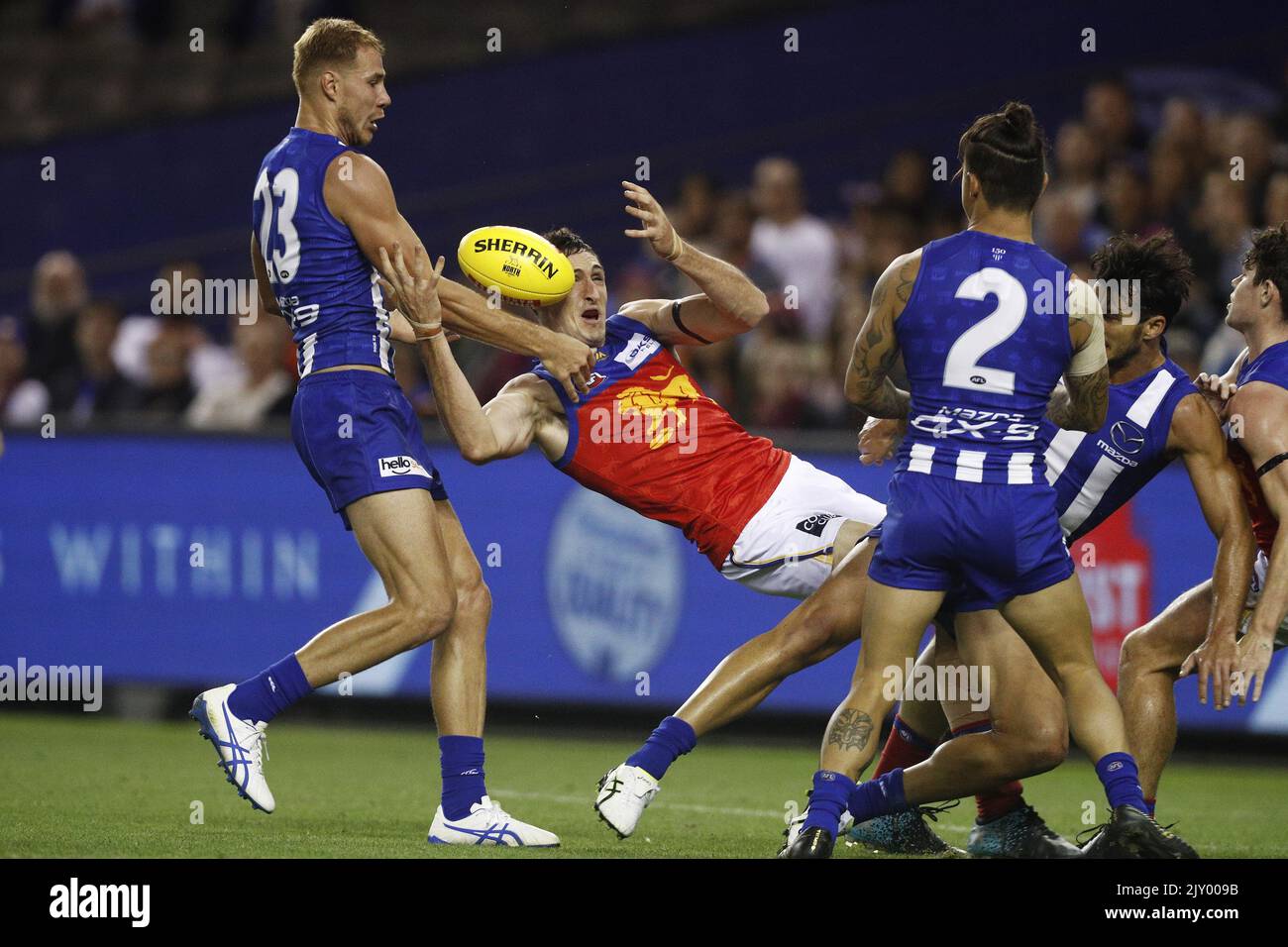 Oscar McInerney of the Lions marks the ball during the Round 2 AFL ...
