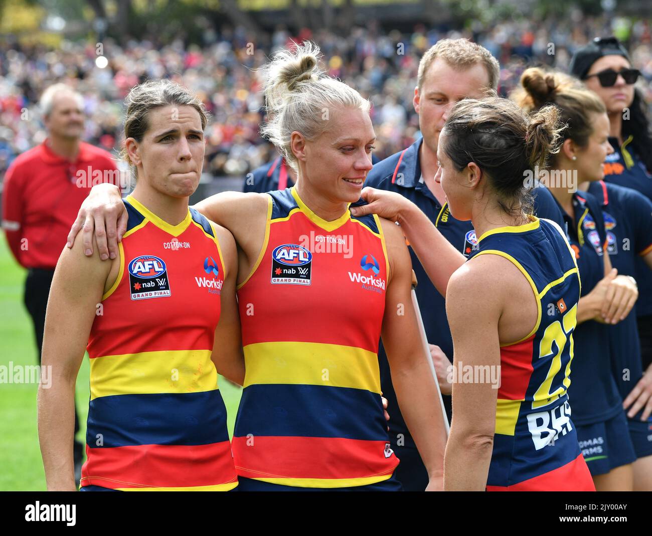 Chelsea Randall, Erin Phillips and Renee Forth of the Adelaide Crows ...