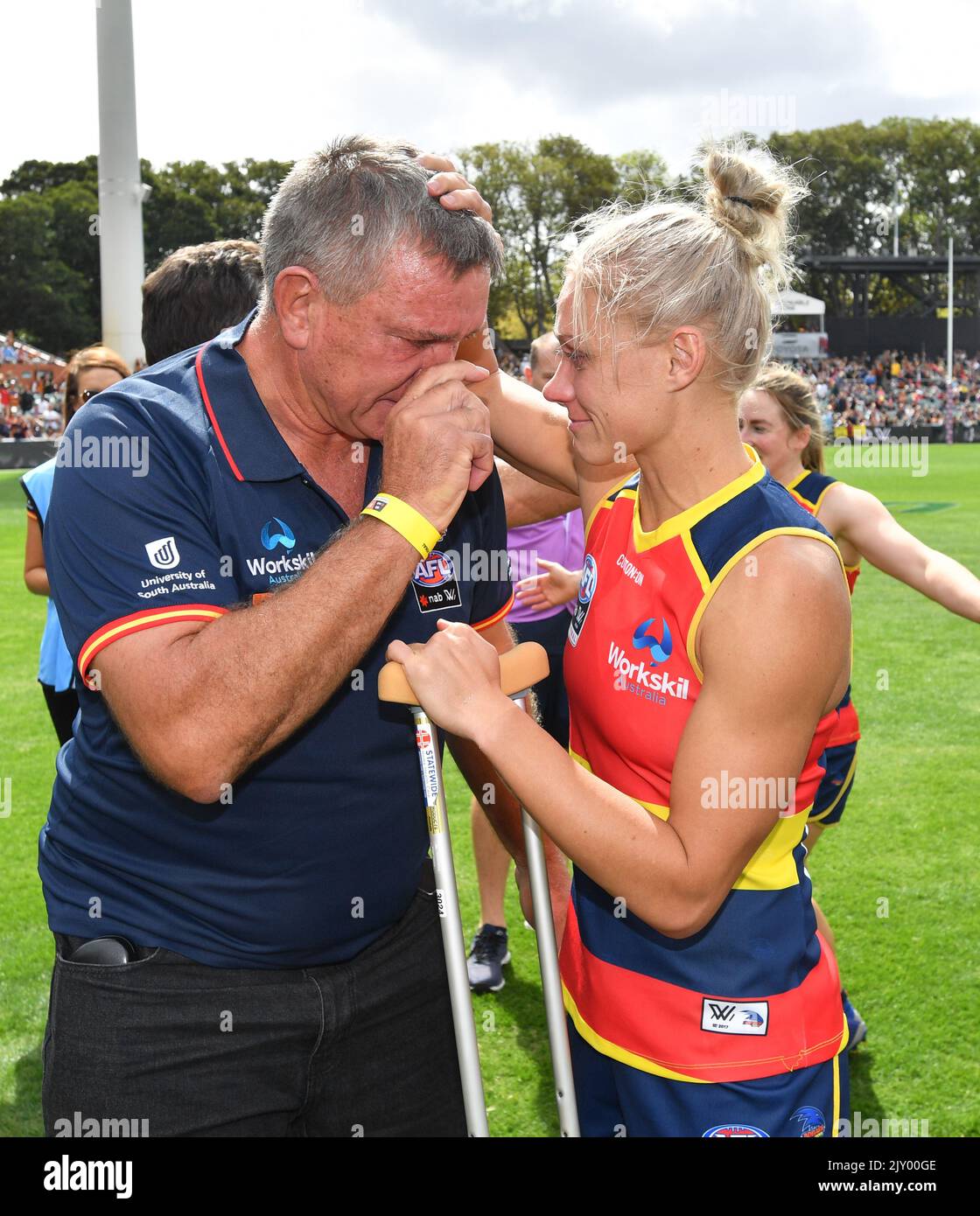 Erin Phillips of the Adelaide Crows and her father Greg after the AFLW ...