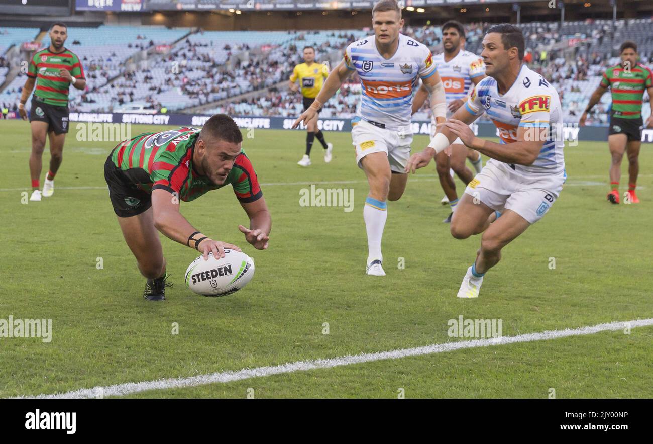 Corey Allan of the Rabbitohs scores during the Round 3 NRL match ...