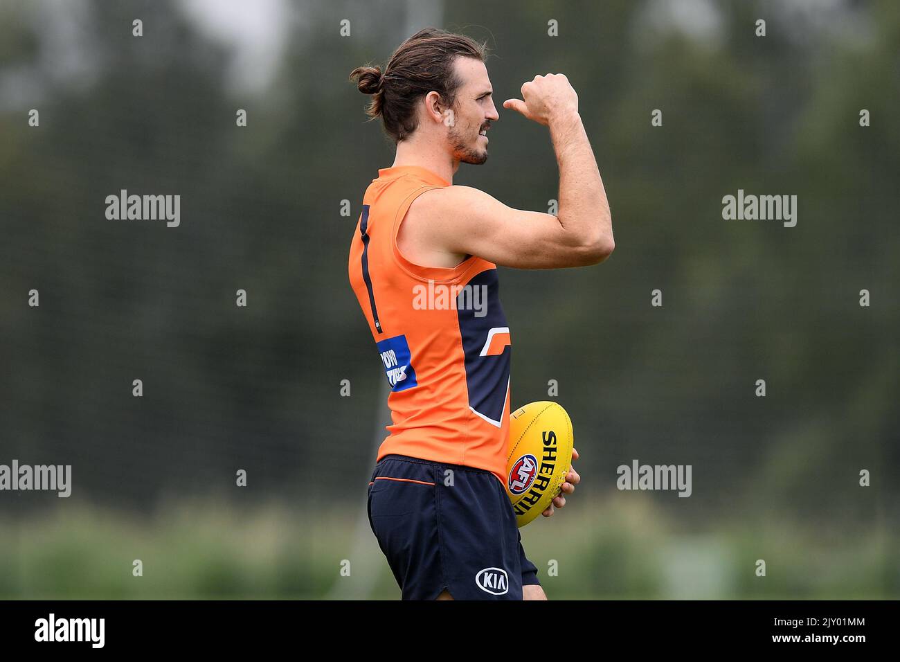 GWS Giants player Phil Davis takes part in a training session at ...