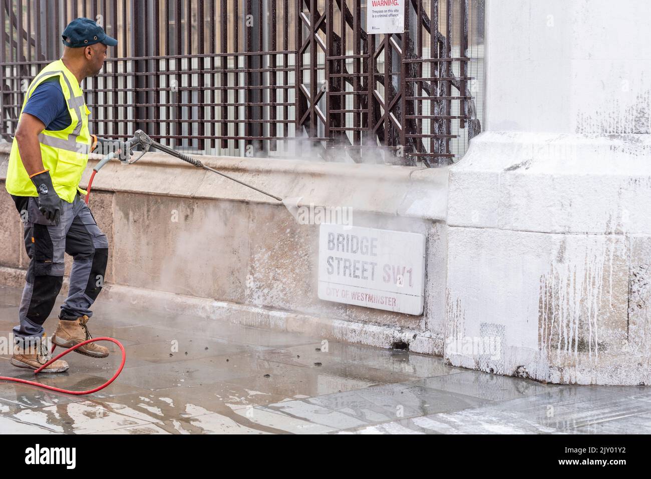 Animal Rebellion protesters sprayed a wall of the Palace of Westminster ...