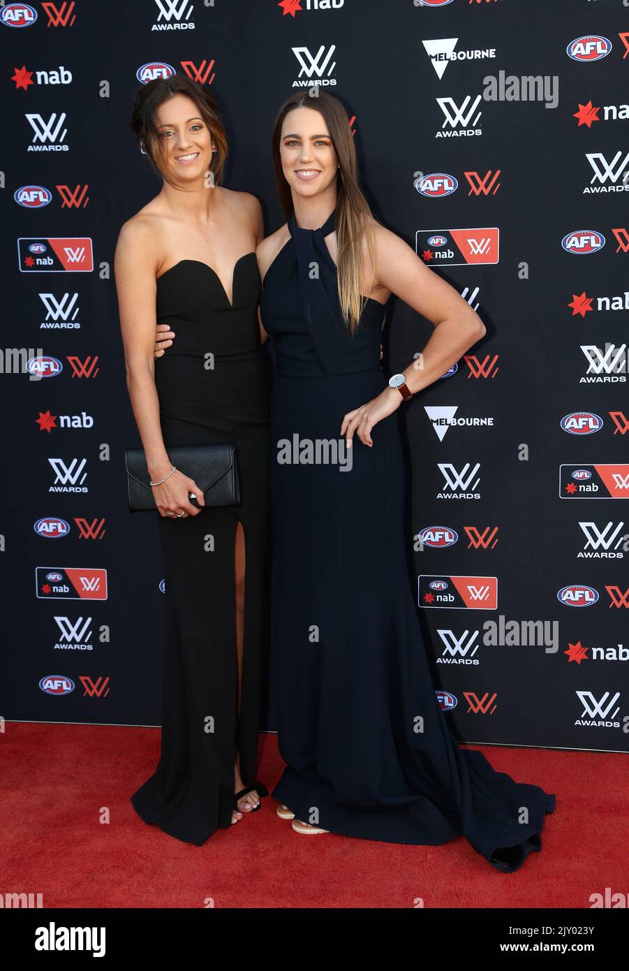 Stephanie Chiocci (left) and Chloe Molloy of the Magpies arrive on the ...