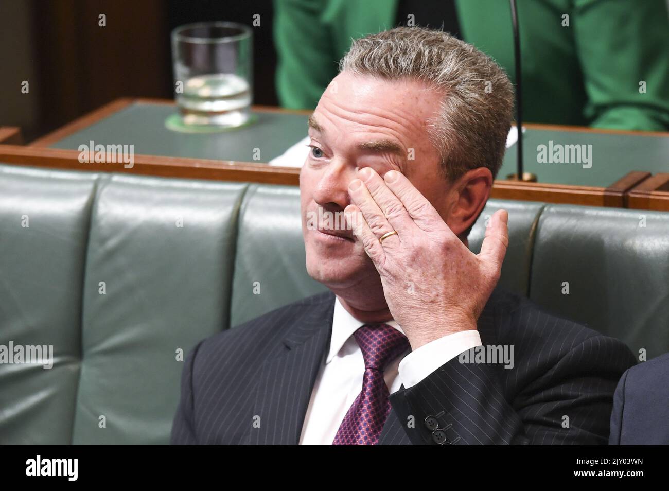 Australian Defence Minister Christopher Pyne reacts after delivering ...