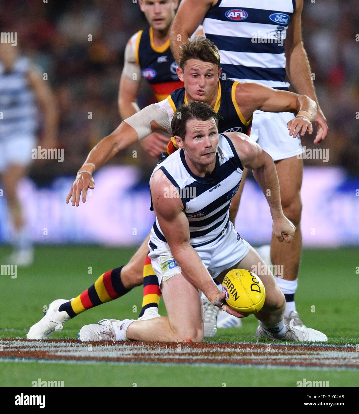 Patrick Dangerfield of the Cats and Matt Crouch of the Crows during the ...