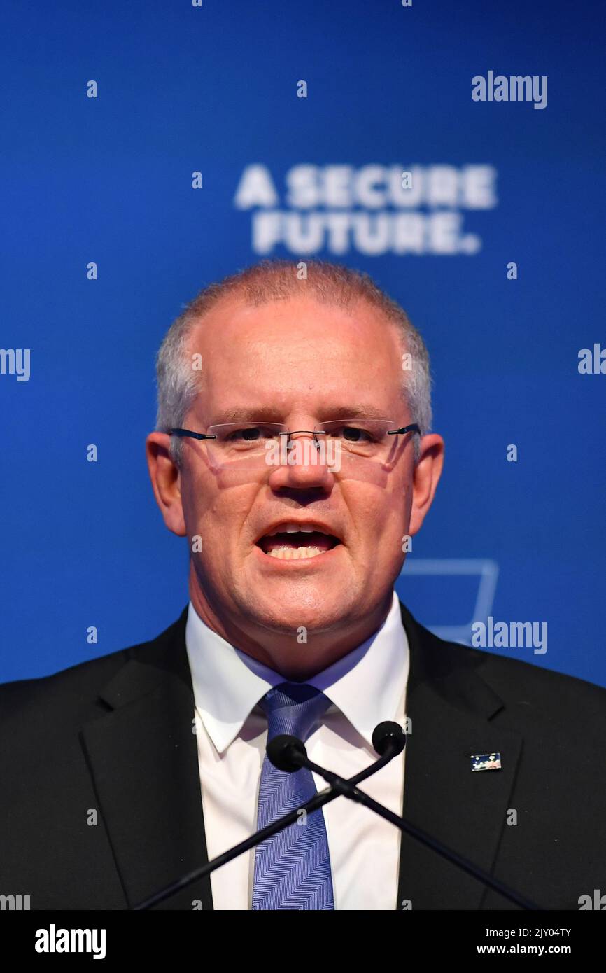 Prime Minister Scott Morrison delivers his Federal Budget Lunch address at the Four Seasons ...
