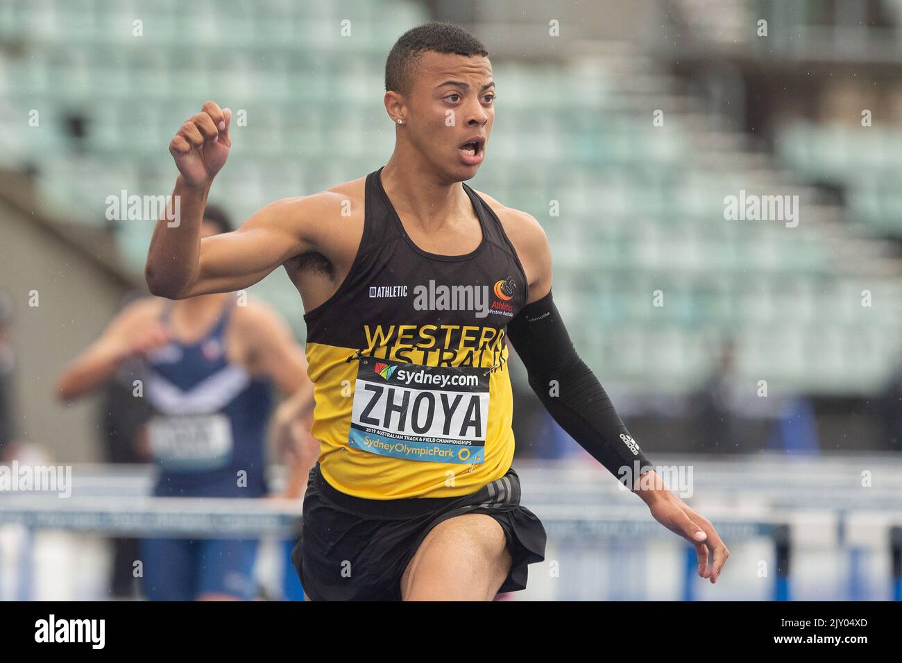 Sasha Zhoya of Western Australia wins the U/18's 110 m men's final ...