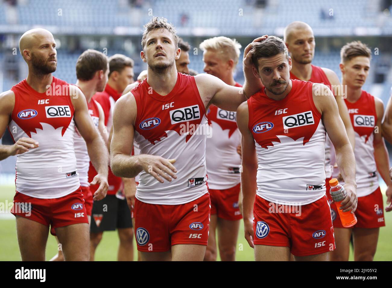 Swans players celebrate after the Round 3 AFL match between the Carlton ...