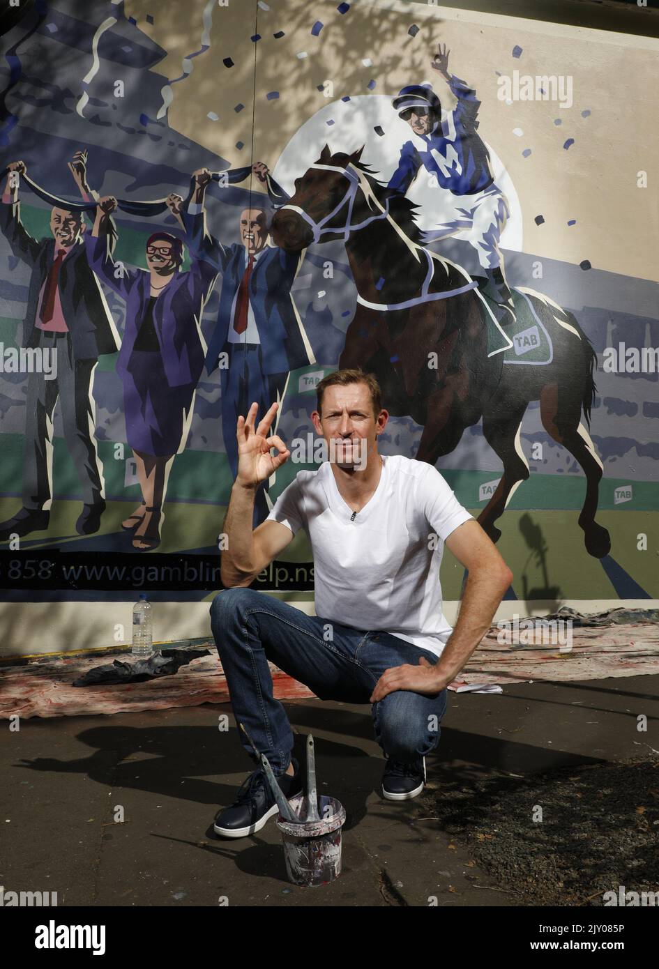 Jockey Hugh Bowman poses for a portrait at the mural unveiling of ...