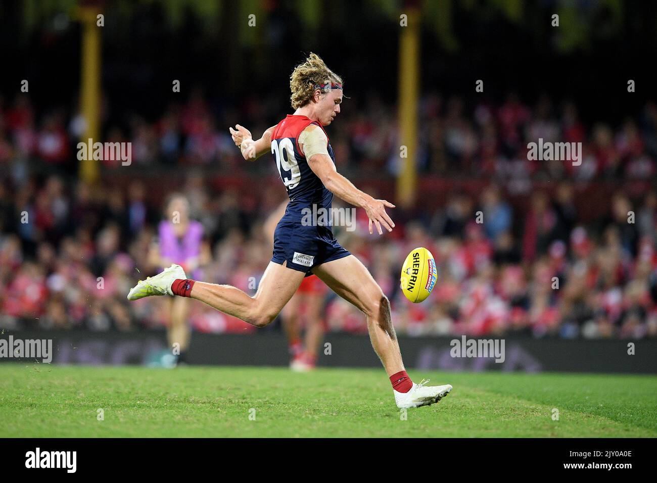 Jayden Hunt of the Demons kicks a goal during the Round 4 AFL match ...