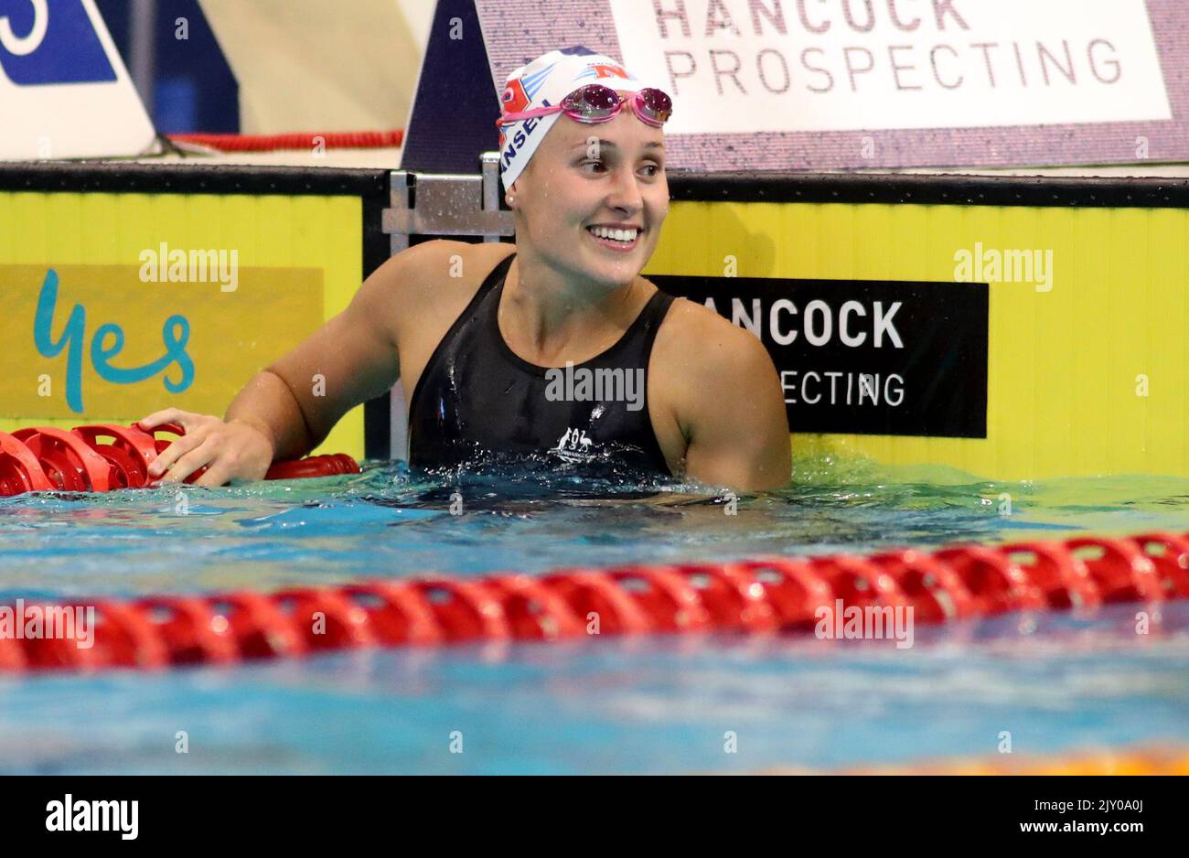 Jessica Hansen reacts after winning the women's 50m Breaststroke Final ...