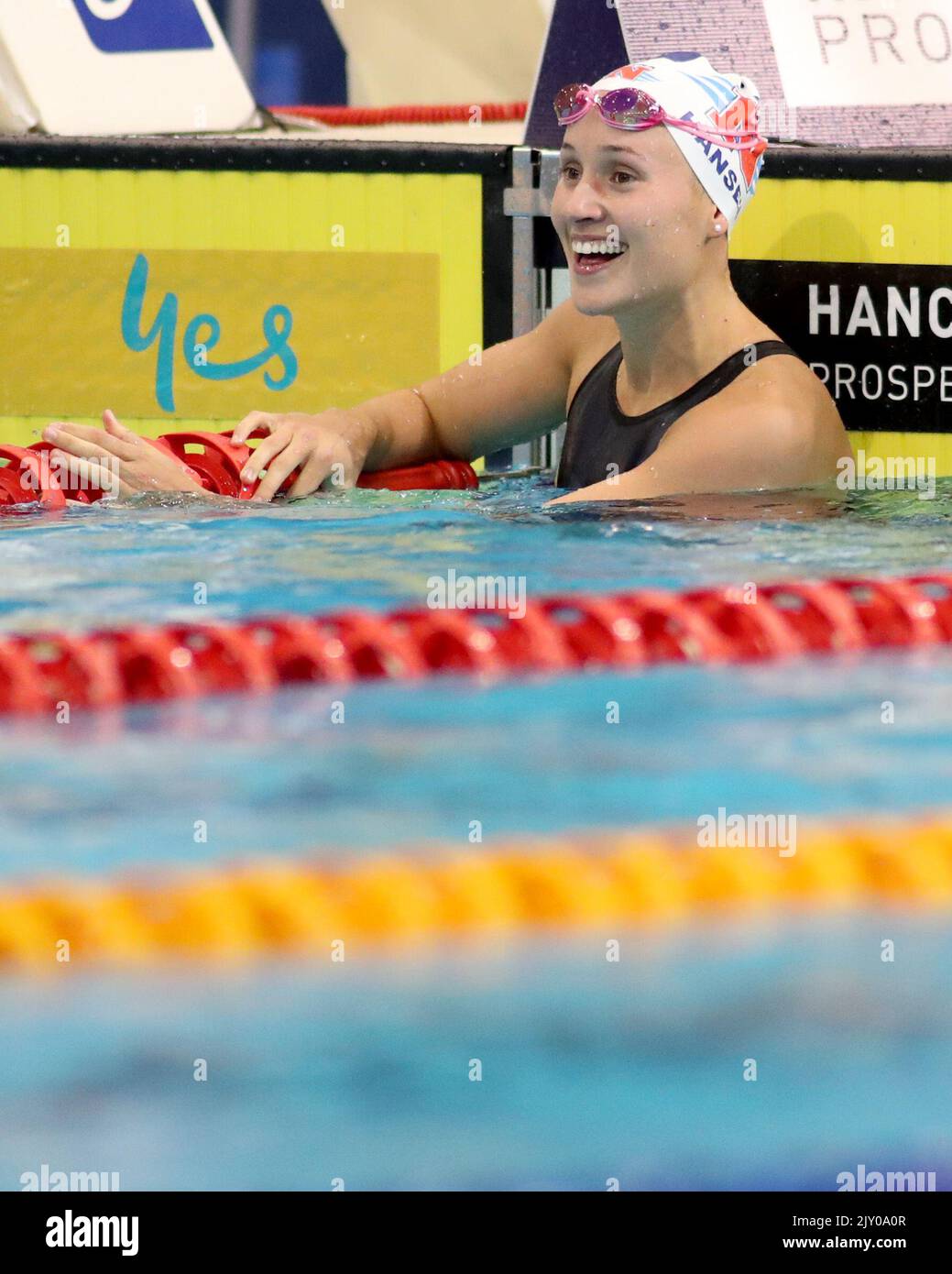 Jessica Hansen reacts after winning the women's 50m Breaststroke Final ...