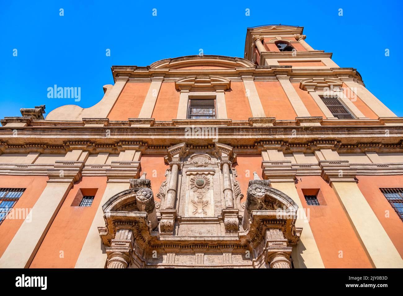 Old Catholic colonial church of San Sebastian y San Miguel. Low angle ...