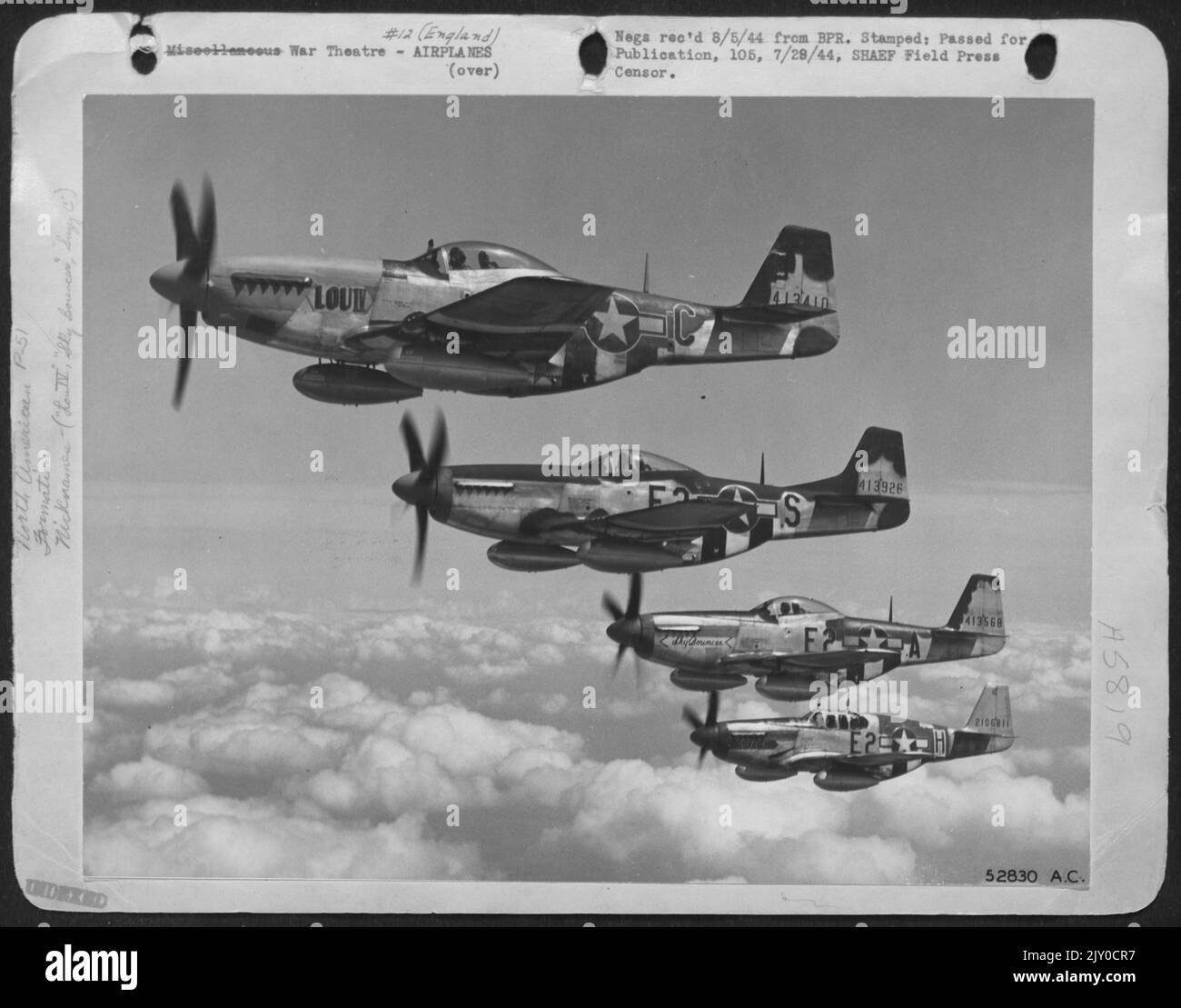 North American P-51's in formation. England. 375 Fighter Squadron, 361 ...