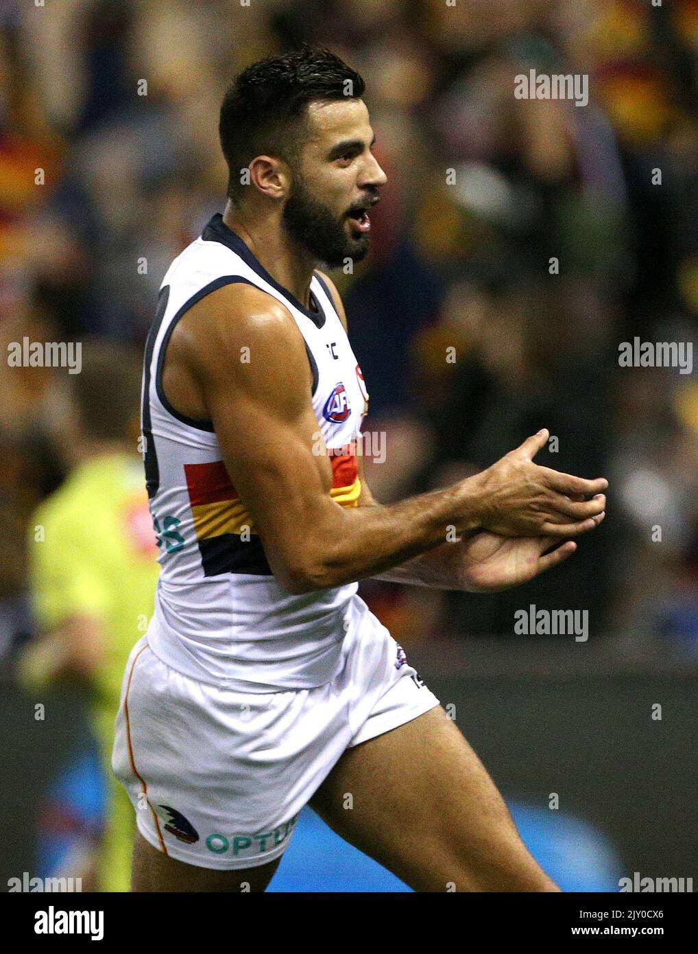Wayne Milera of the Crows celebrates a goal during the Round 4 AFL ...