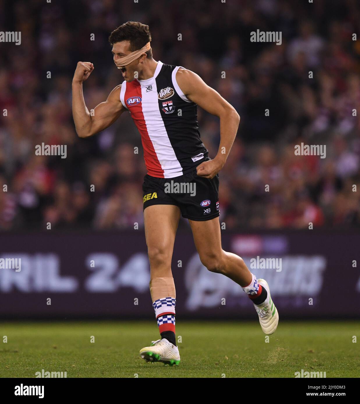 Rowan Marshall of the Saints reacts after kicking a goal during the ...