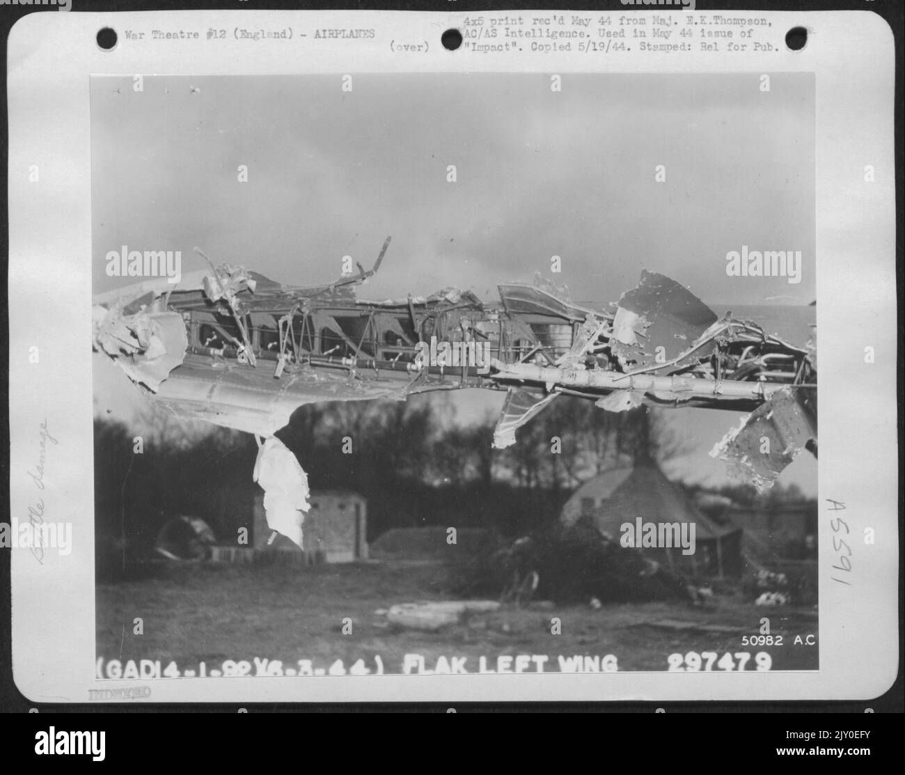 Wing of a Boeing B-17G, the trailing edge is shown ripping by a direct ...
