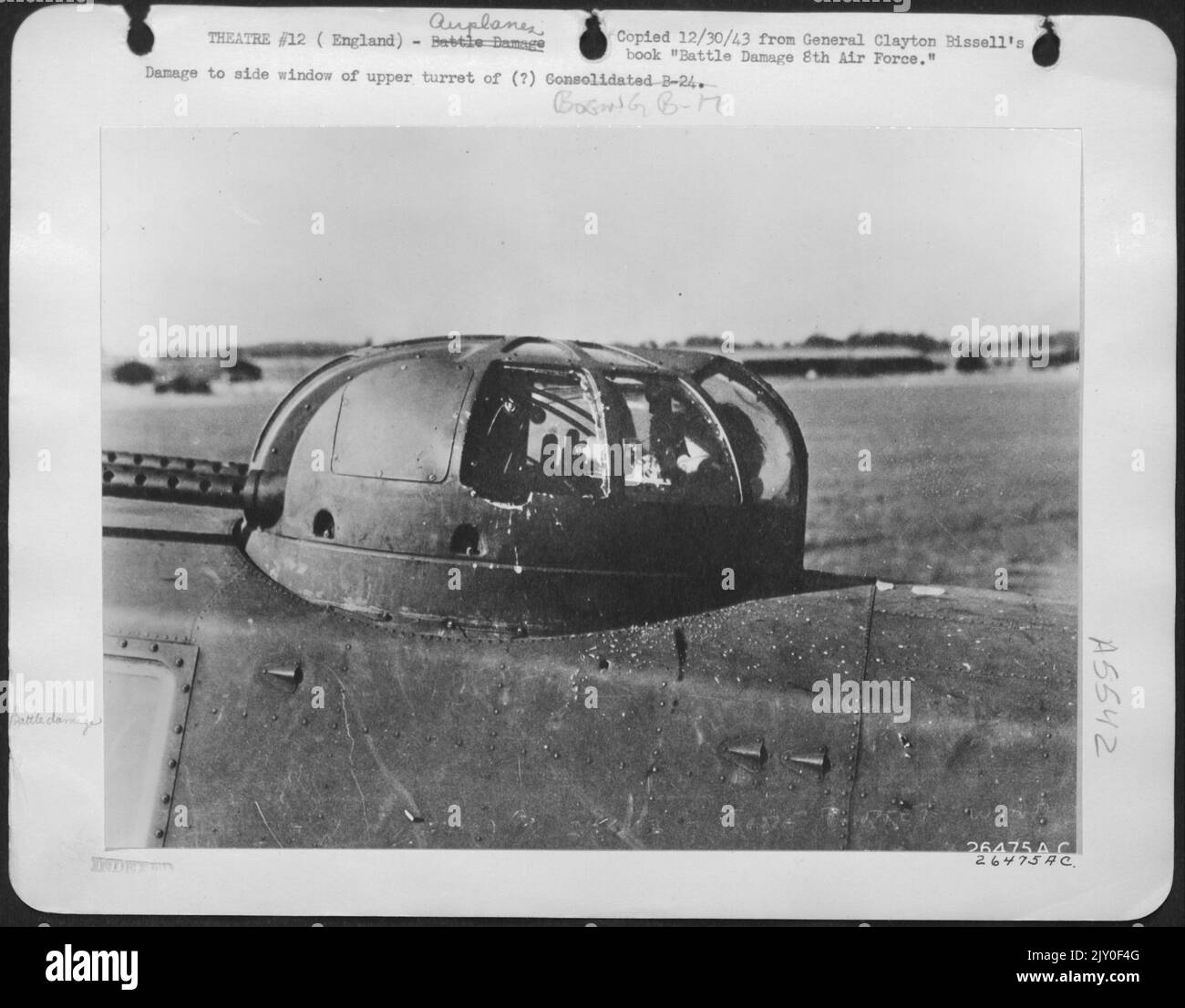 Damage to side window of upper turret of (?) Boeing B-17 Stock Photo ...