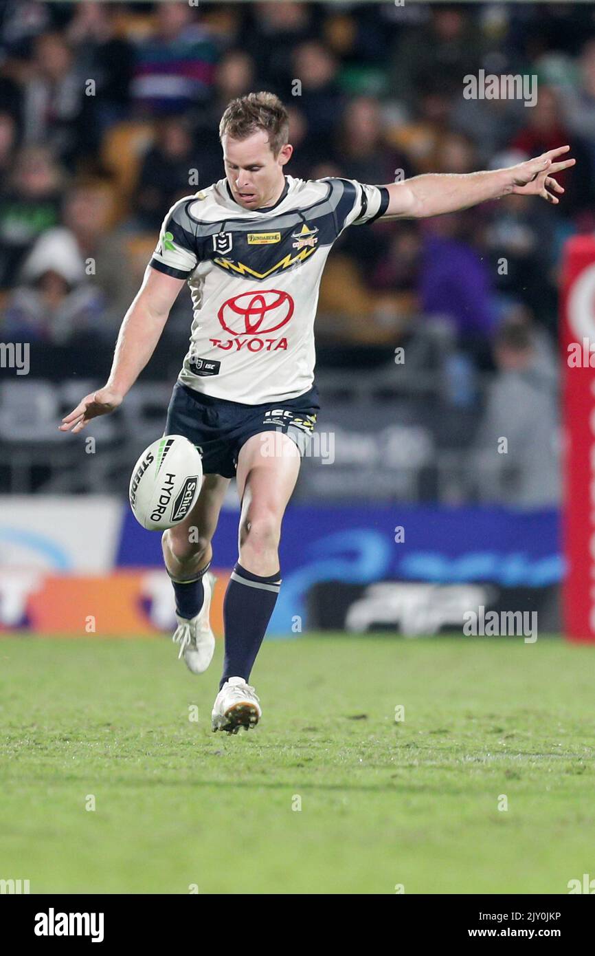 Captain Michael Morgan of the Cowboys kicks for goal during the Round 6 ...