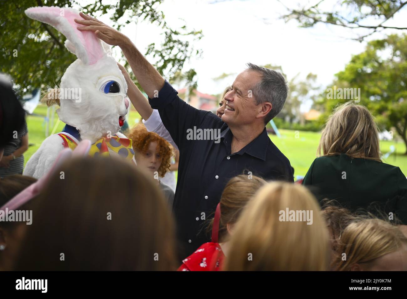 Australian Opposition Leader Bill Shorten touches the Easter bunny's ...