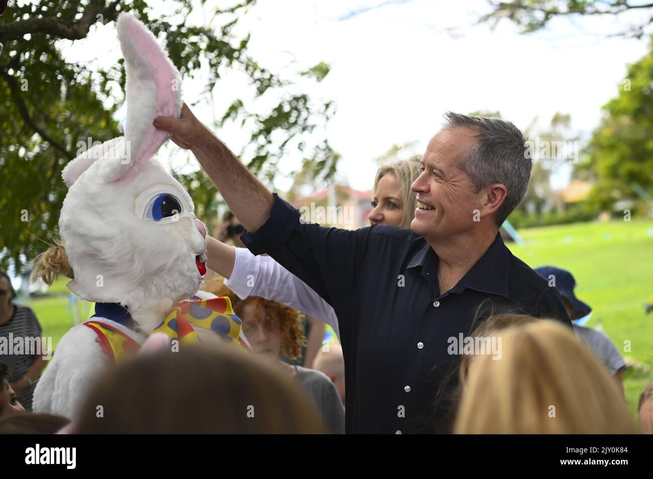 Australian Opposition Leader Bill Shorten touches the Easter bunny's ...