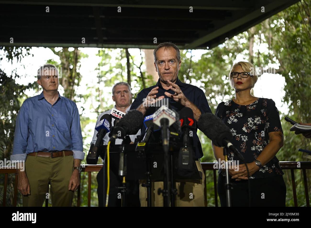 Australian Opposition Leader Bill Shorten speaks to the media during a ...