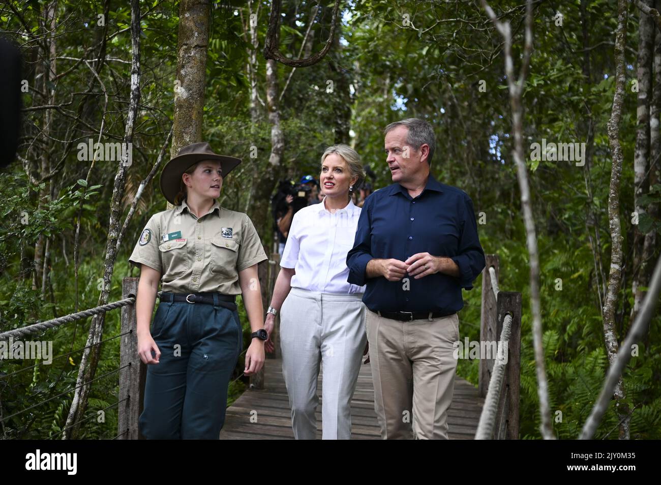 Australian Opposition Leader Bill Shorten and his wife Chloe speak to a ...