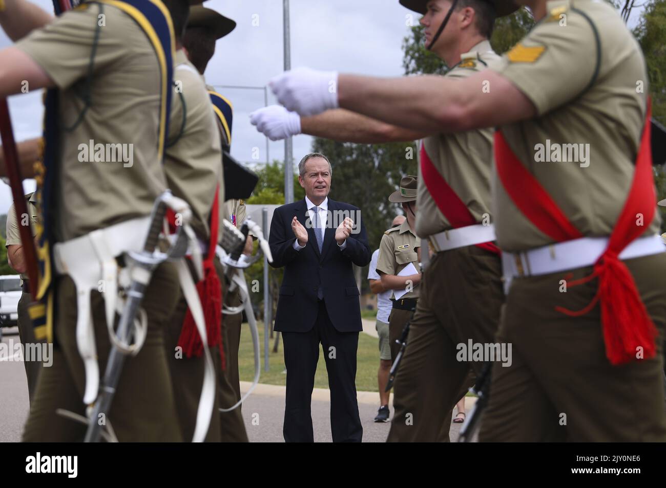 Australian Opposition Leader Bill Shorten acknowledges the troops after ...